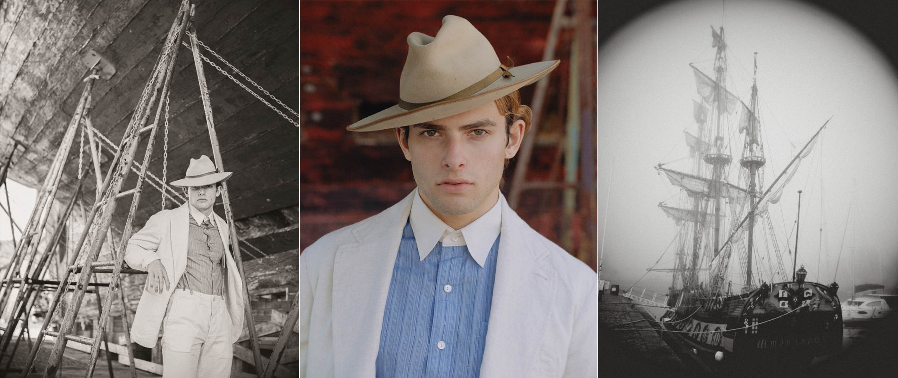 Men in ships wear white suit jacket and tan hat.